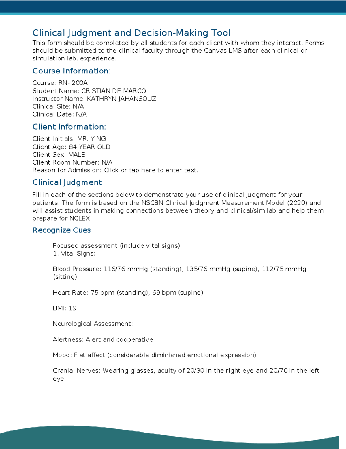 Clinical Judgment & Decision-Making Tool for RN-200A Students - Studocu