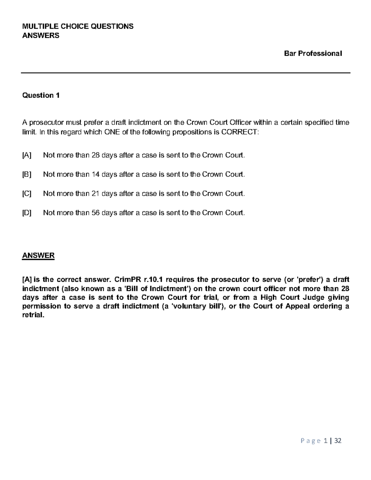 Pre-trial Matters MCQs for Bar Professional Course - Studocu