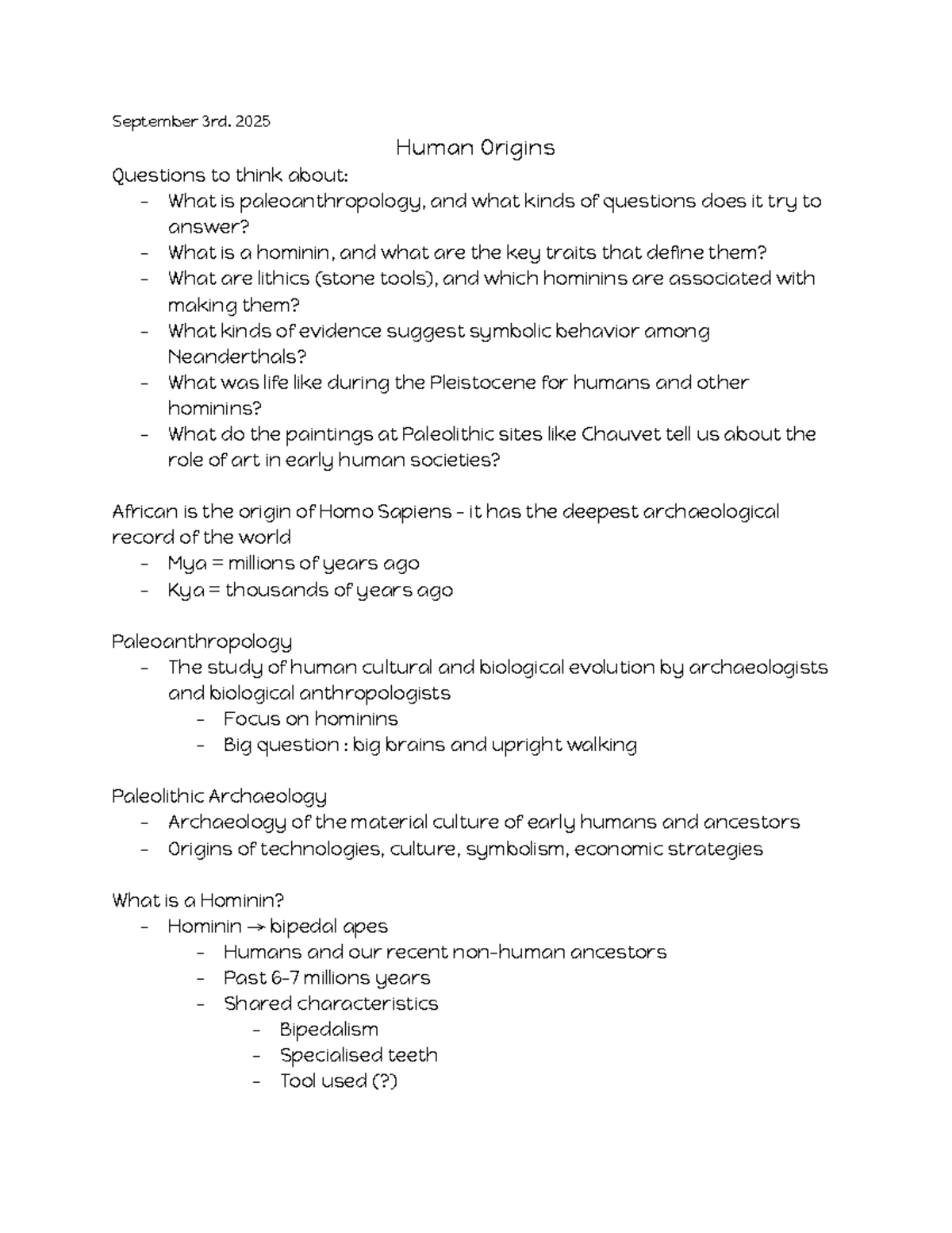 Human Origins: Key Questions in Paleoanthropology (ARCH 101) - Studocu