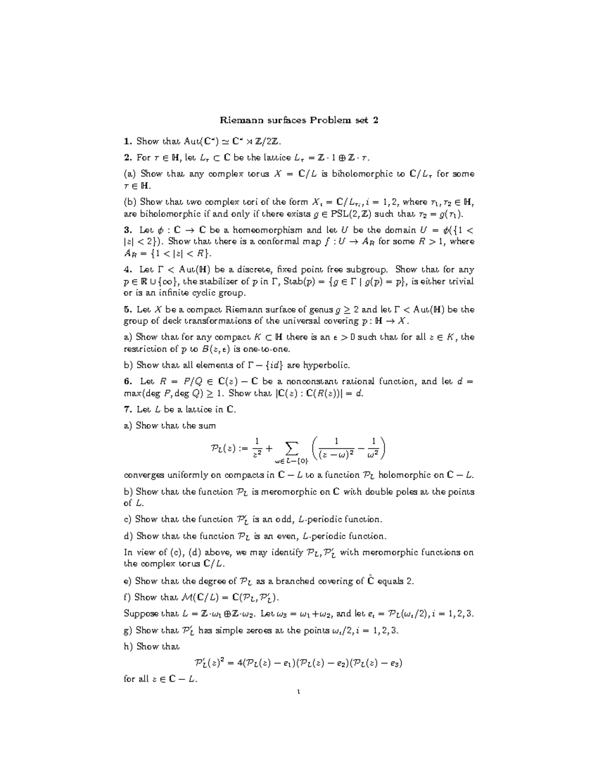 Riemann Surfaces Problem Set 2: Complex Tori and Conformal Maps - Studocu