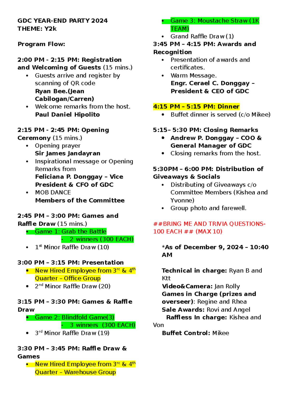 GDC-YEAR-END PARTY 2024: Y2K Theme Program Flow and Activities - Studocu