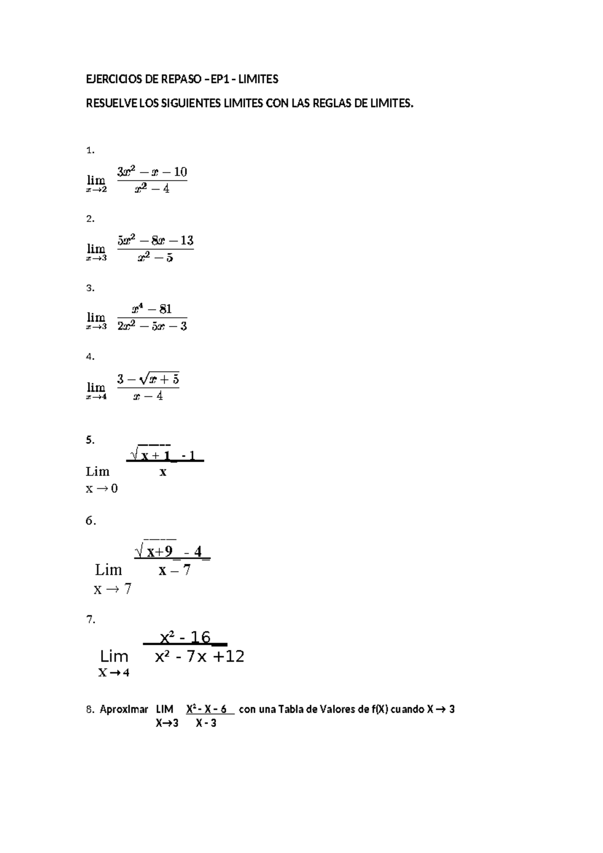 EJER. Repaso EP1 - Limites - Matematica III - EJERCICIOS DE REPASO –EP1 ...