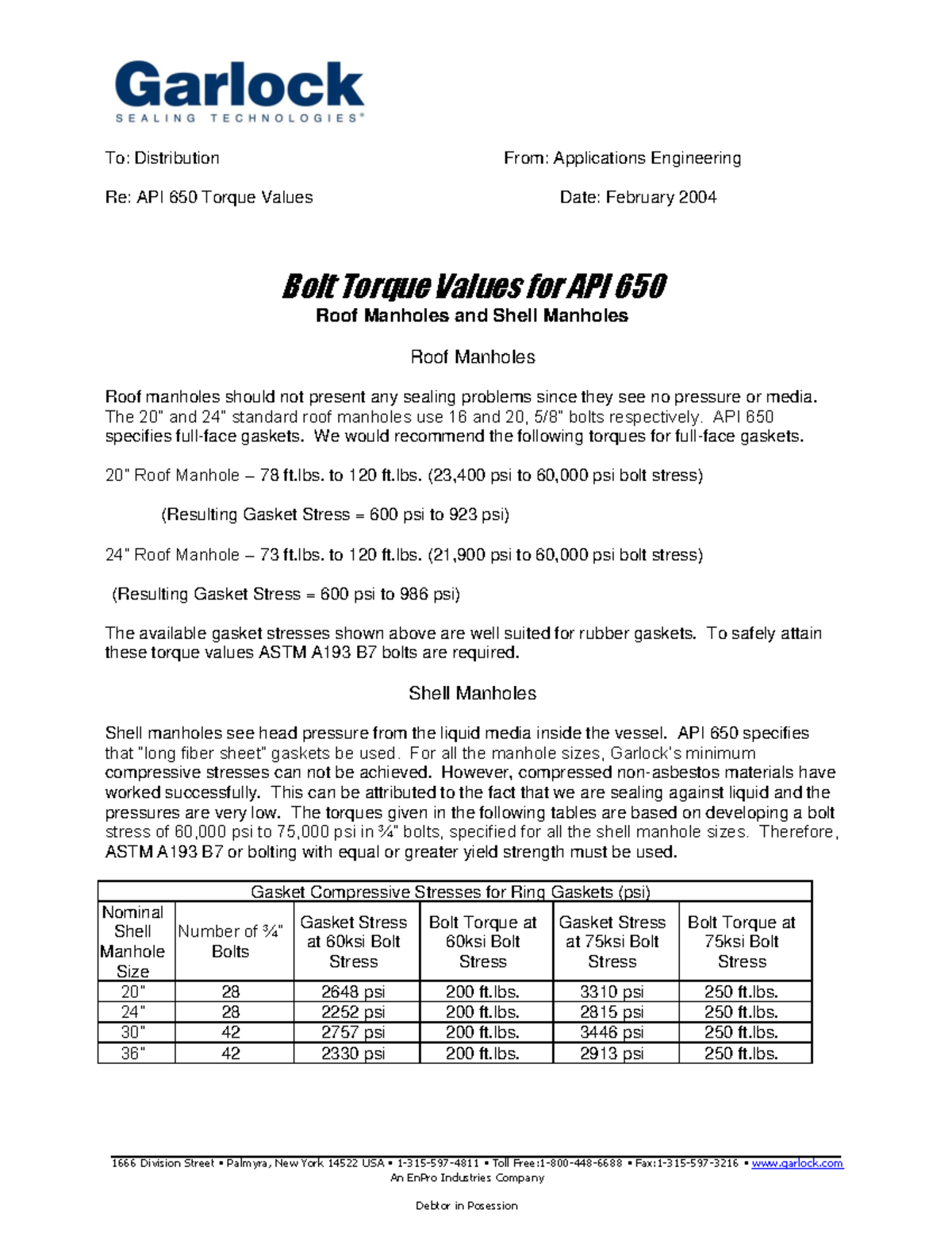 API 650 Manhole Torque Values for Roof and Shell Gaskets - Studocu