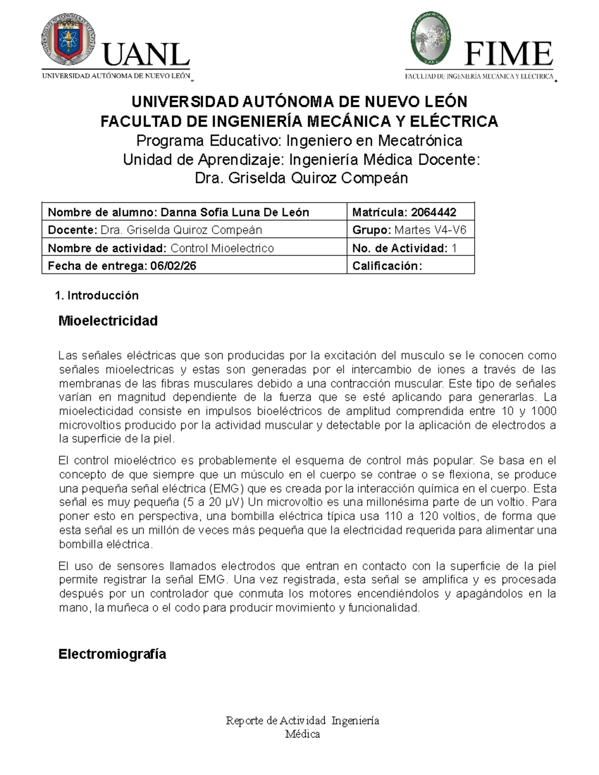 Control Mioeléctrico y Electromiografía - Ing. Médica A1 - Studocu