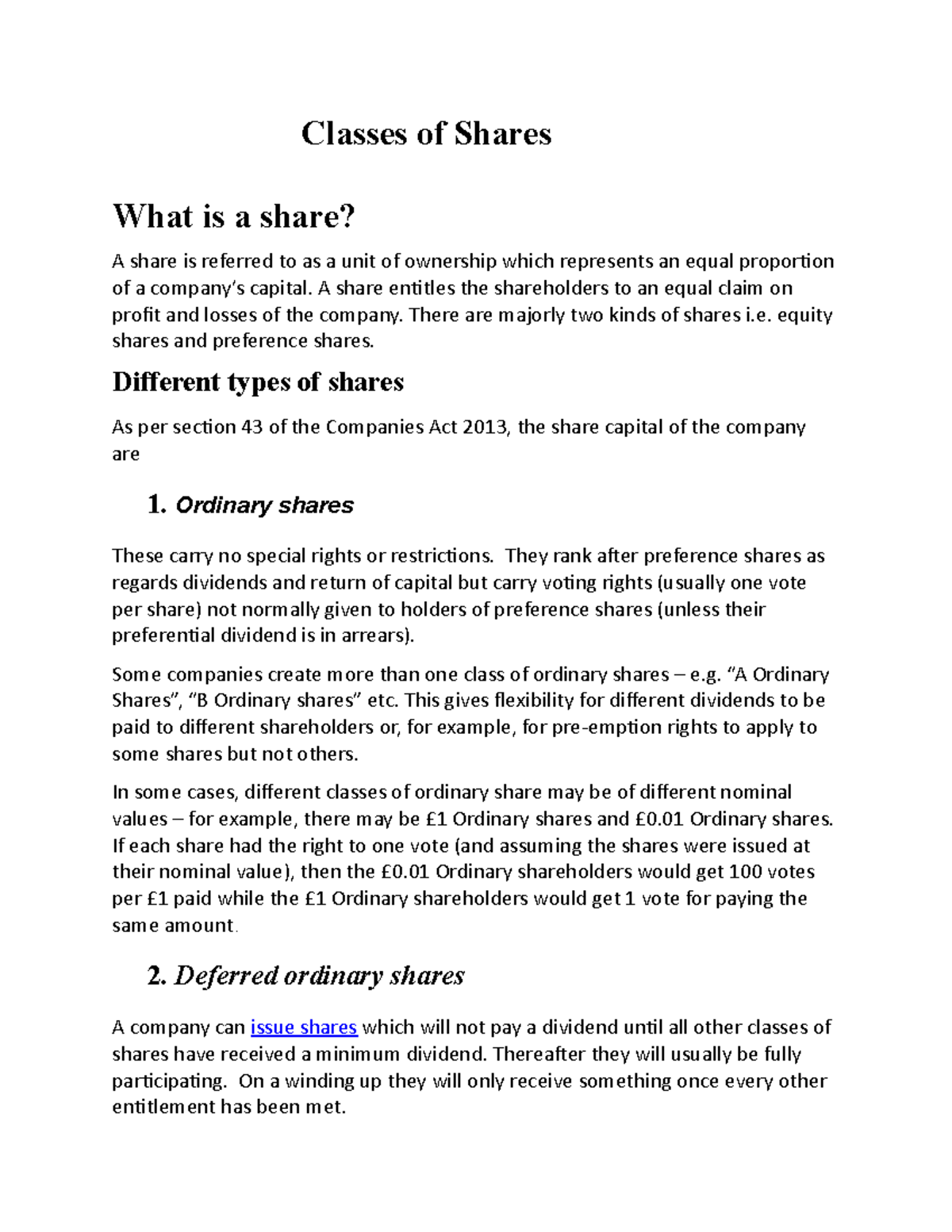 Classes of Shares: Detailed Overview and Key Types in Finance - Studocu