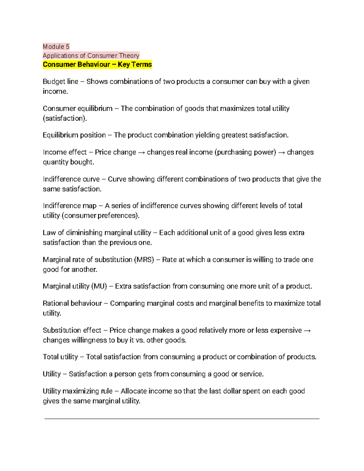 Module 5: Applications of Consumer Theory - Key Terms - Studocu