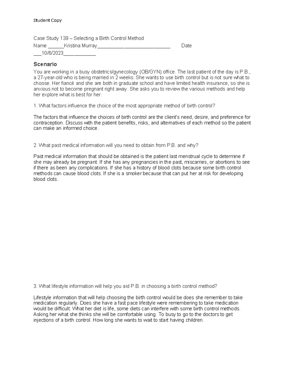 **Case Study 139: Evaluating Birth Control Choices for Patient P.B ...