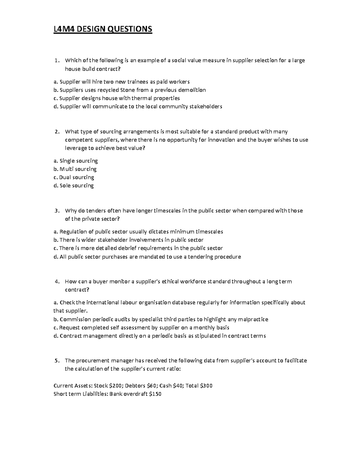 L4M4 Supplier Selection & Procurement Design Questions - Studocu