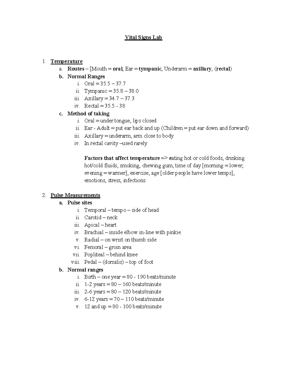 Vital Signs Notes - Vital Signs Lab 1. Temperature a. Routes – [Mouth ...