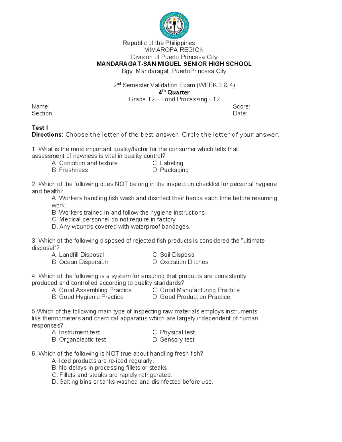 Grade 12 FOOD Processing Validation Exam (WEEK 3-4) 4th Quarter - Studocu