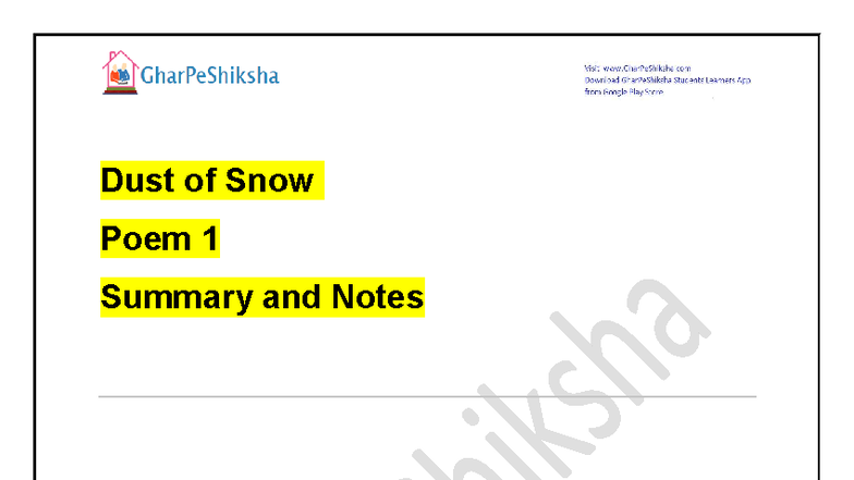 Dust of Snow Poem Summary and Analysis - Class 10 English - Studocu
