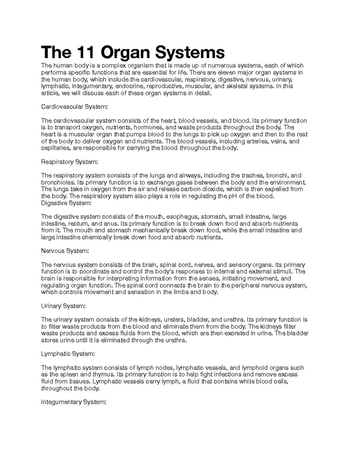 The 11 Organ Systems - The 11 Organ Systems The human body is a complex ...
