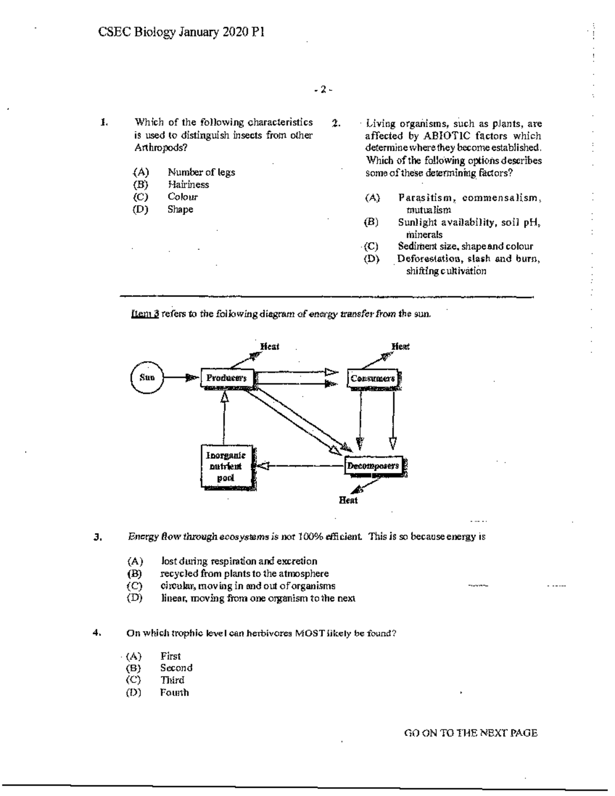 CSEC Biology January 2020 Paper 1 Exam Review and Key Concepts - Studocu