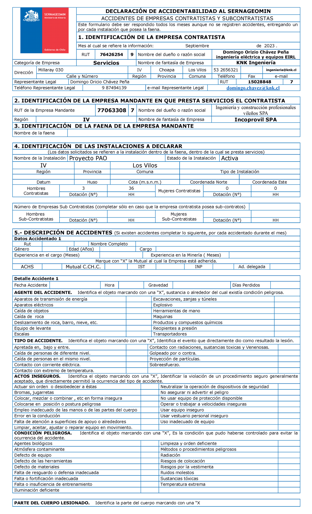 Declaración de Accidentes SERNAGEOMIN E-200 - Septiembre 2023 - Studocu