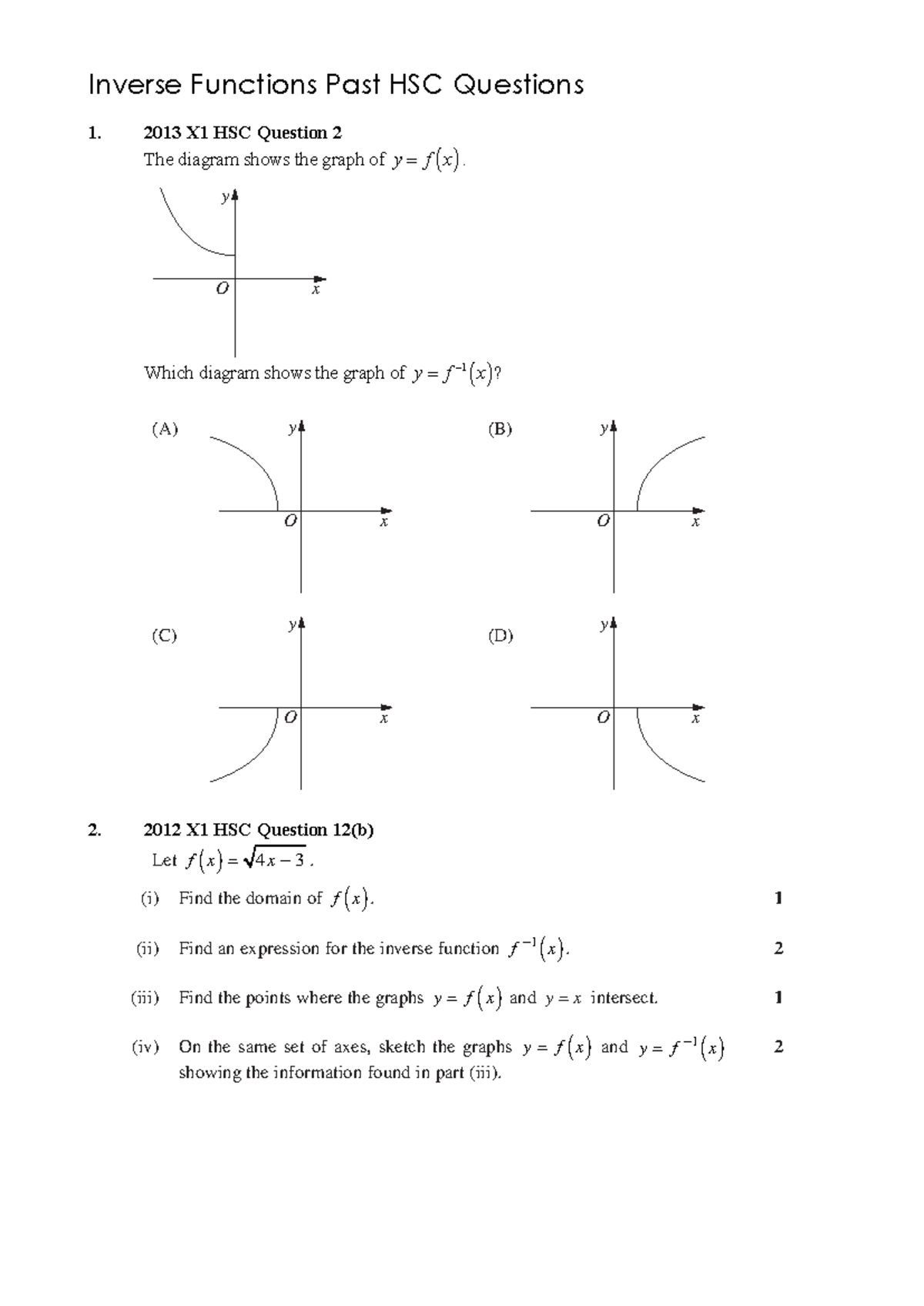 Inverse Functions Past HSC Questions (X1) Analysis and Solutions - Studocu