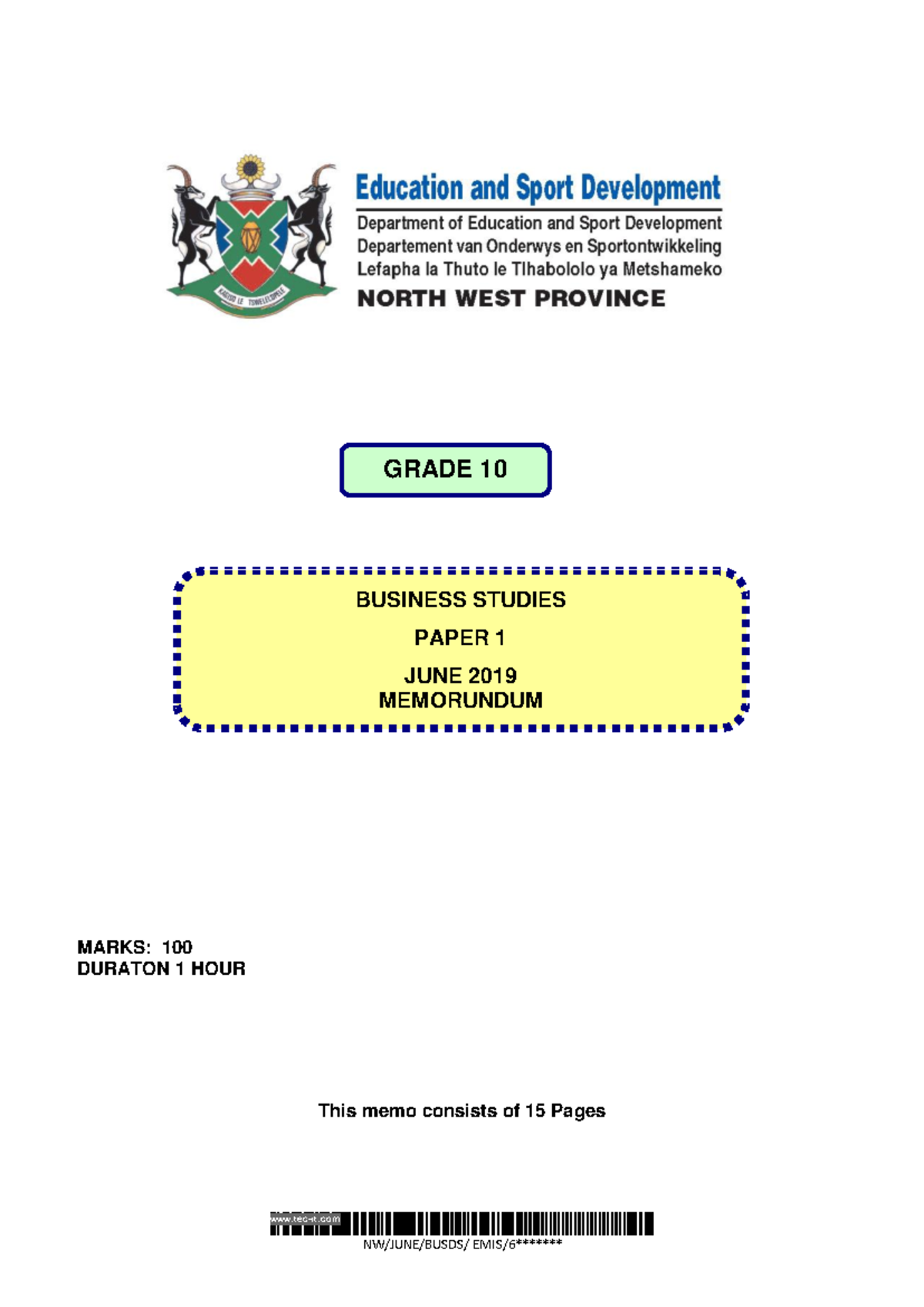 Business Studies Grade 10 Paper 1 June 2019 Memorandum - Studocu