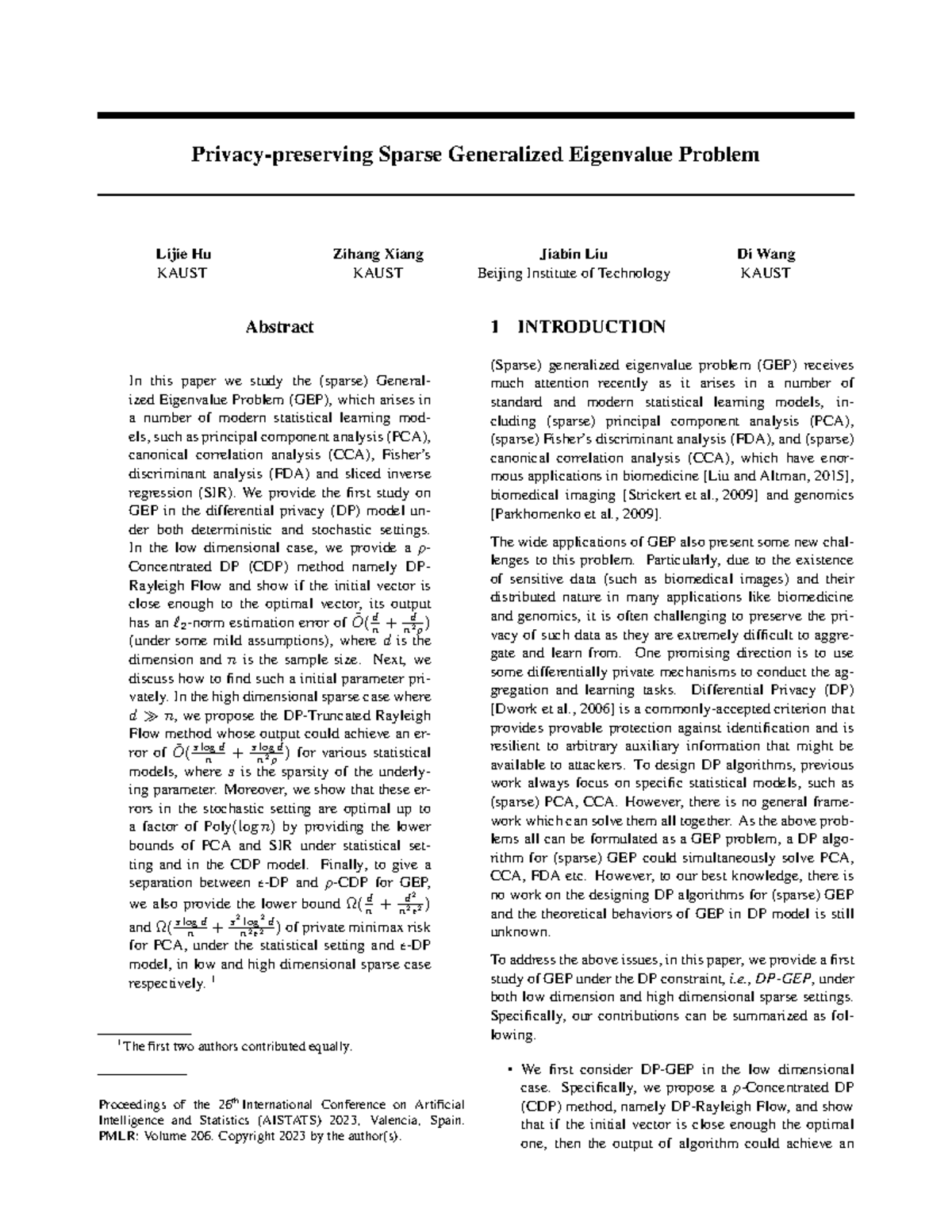 Hu23a - Privacy-Preserving Sparse Generalized Eigenvalue Problem ...