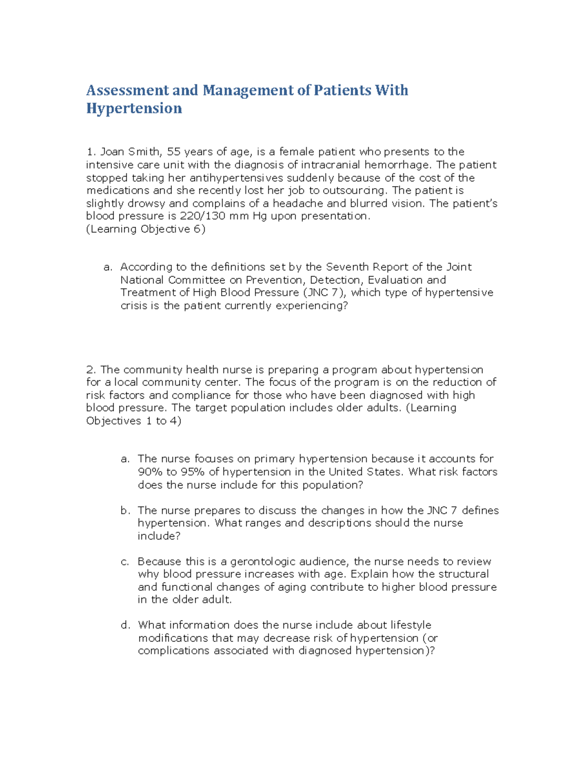 Hypertension Case Study: Assessment & Management of Patients - Studocu