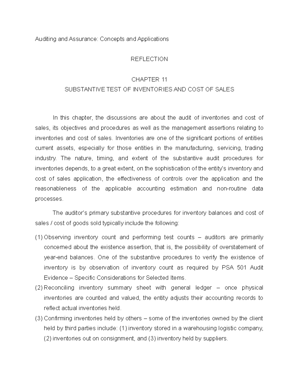 SUBSTANTIVE TEST OF INVENTORIES & COST OF SALES - CHAP 11 - Studocu