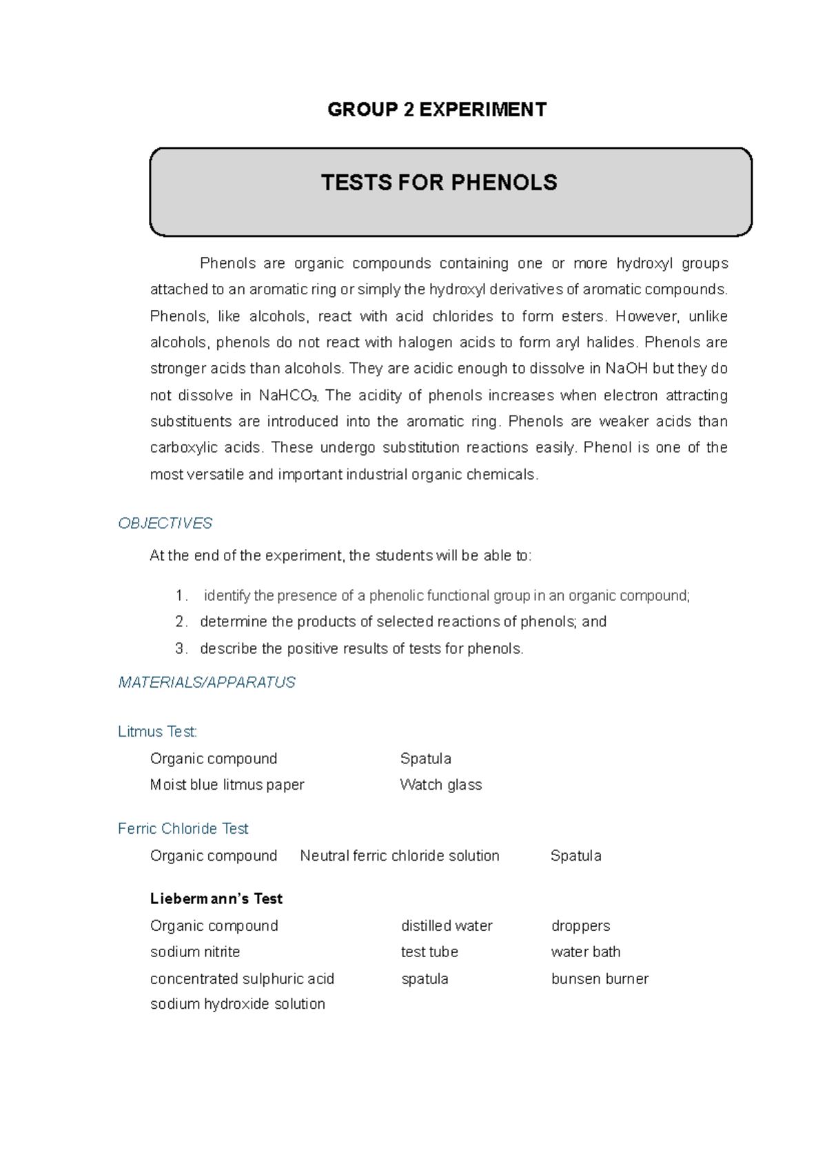 Group 2 Experiment: Tests for Phenols - 1st Sem - Studocu