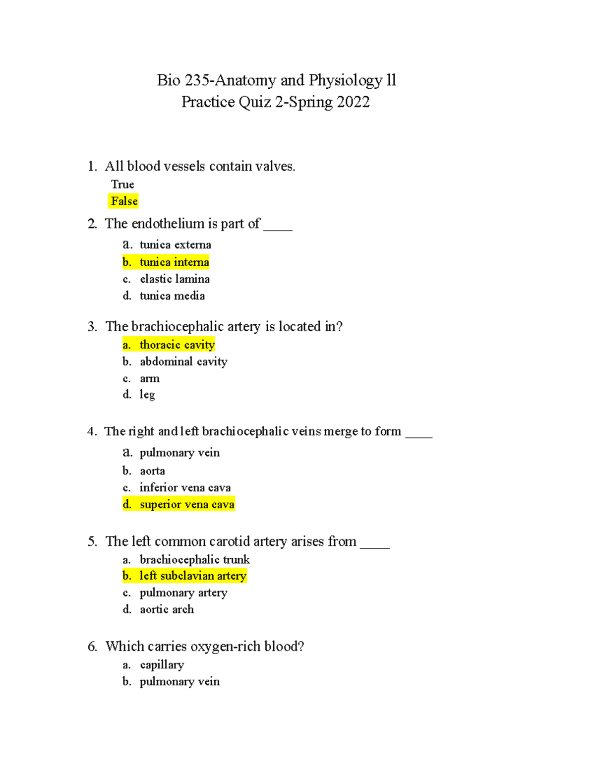 Anatomy and Physiology ll quiz 2 - Bio 235-Anatomy and Physiology ll ...