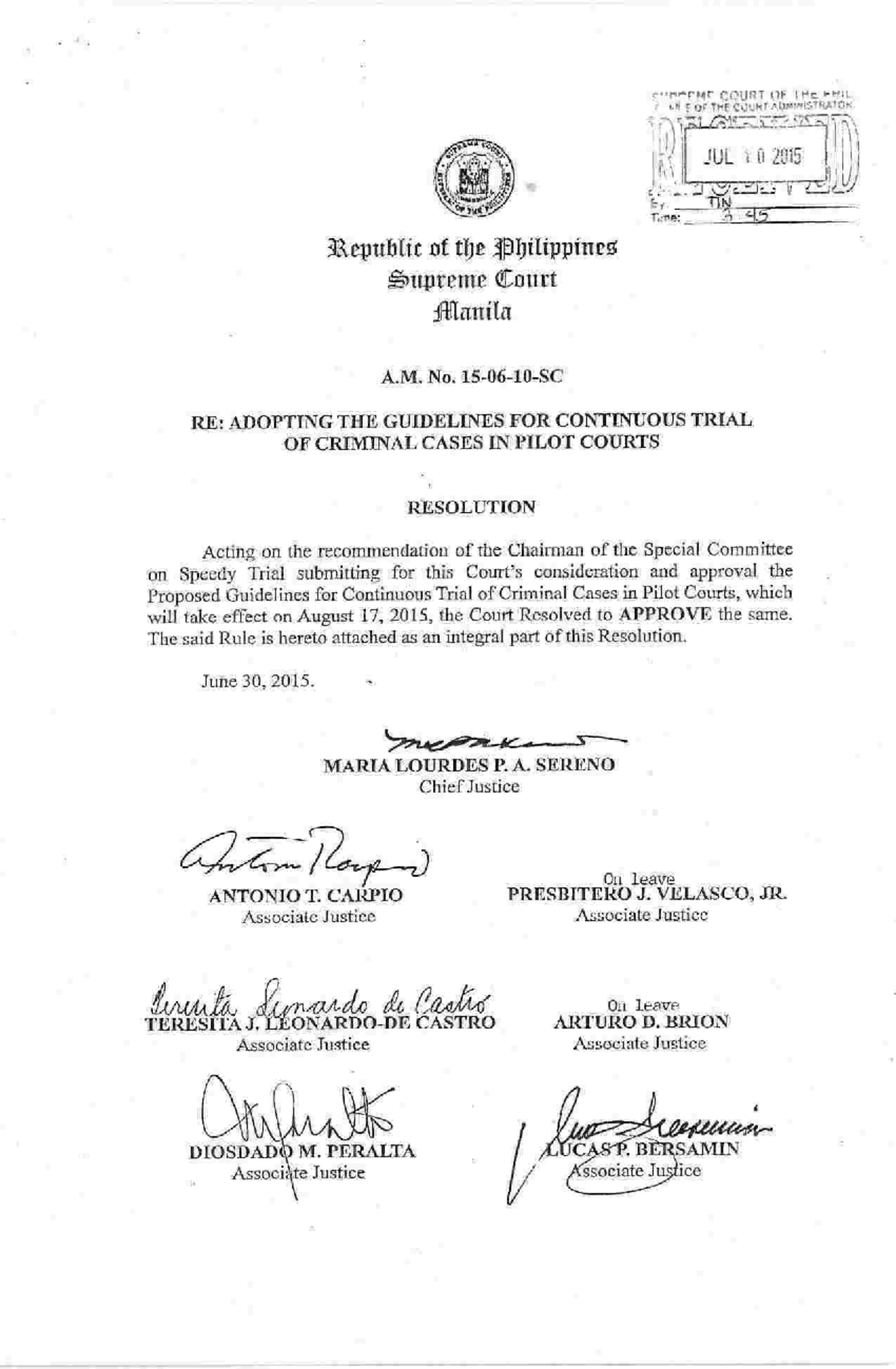 A.M. No. 15-06-10-SC: Supreme Court Resolution on Continuous Trial ...
