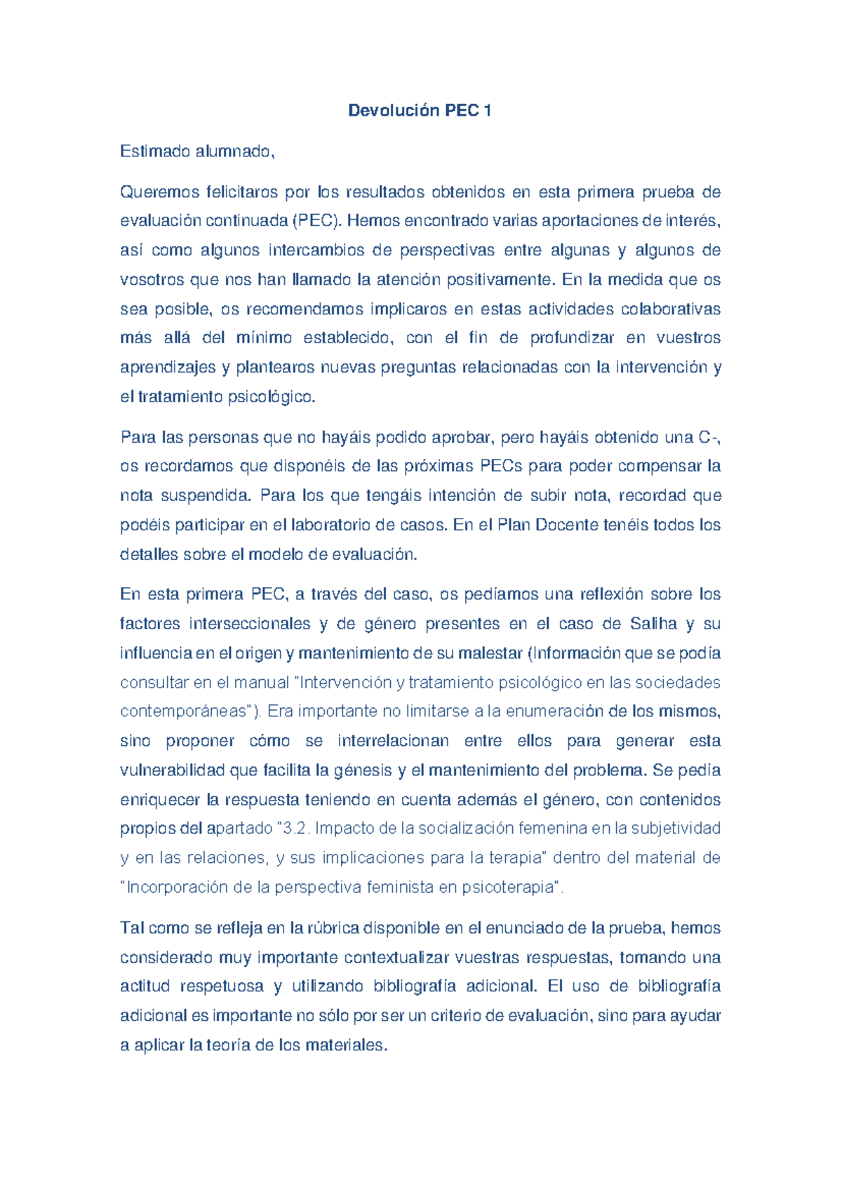 Solucionario PEC 1: Técnicas de Intervención y Reflexiones sobre Saliha ...