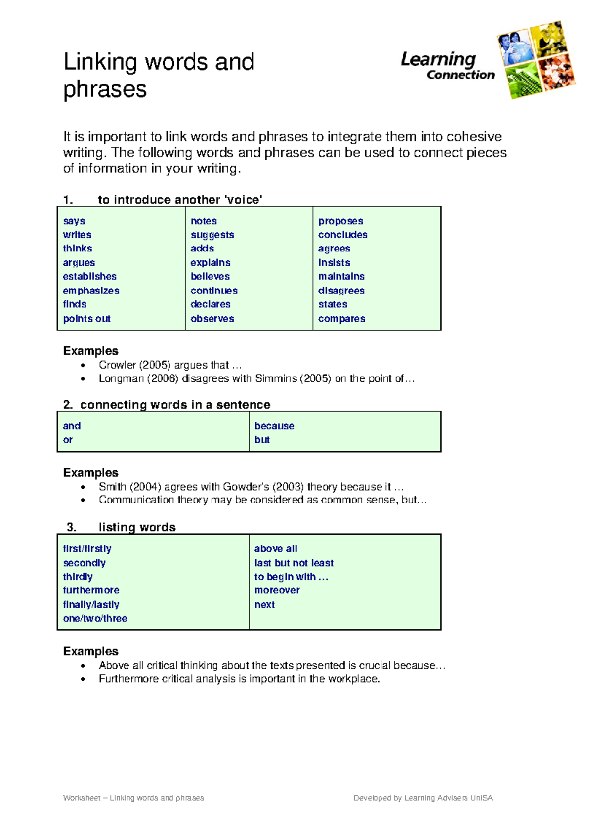 Linking Words and Phrases Worksheet for Cohesive Writing Techniques ...