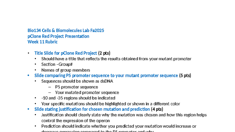 Bio134 pClone Red Project Presentation Rubric - Fa2025 Week 11 - Studocu