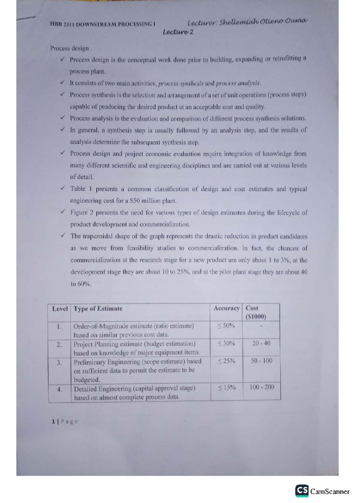 HBB 2311 DOWNSTREAM PROCESSING I Lecture 2: Process Design and Analysis ...
