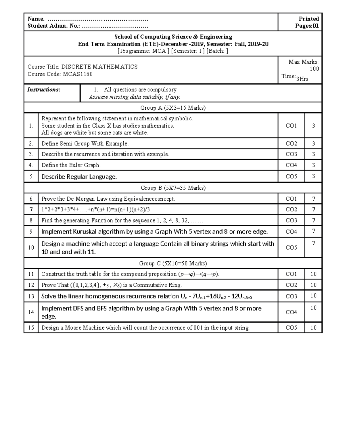 MCAS1160 Discrete Mathematics End Term Exam Set 2 - Studocu