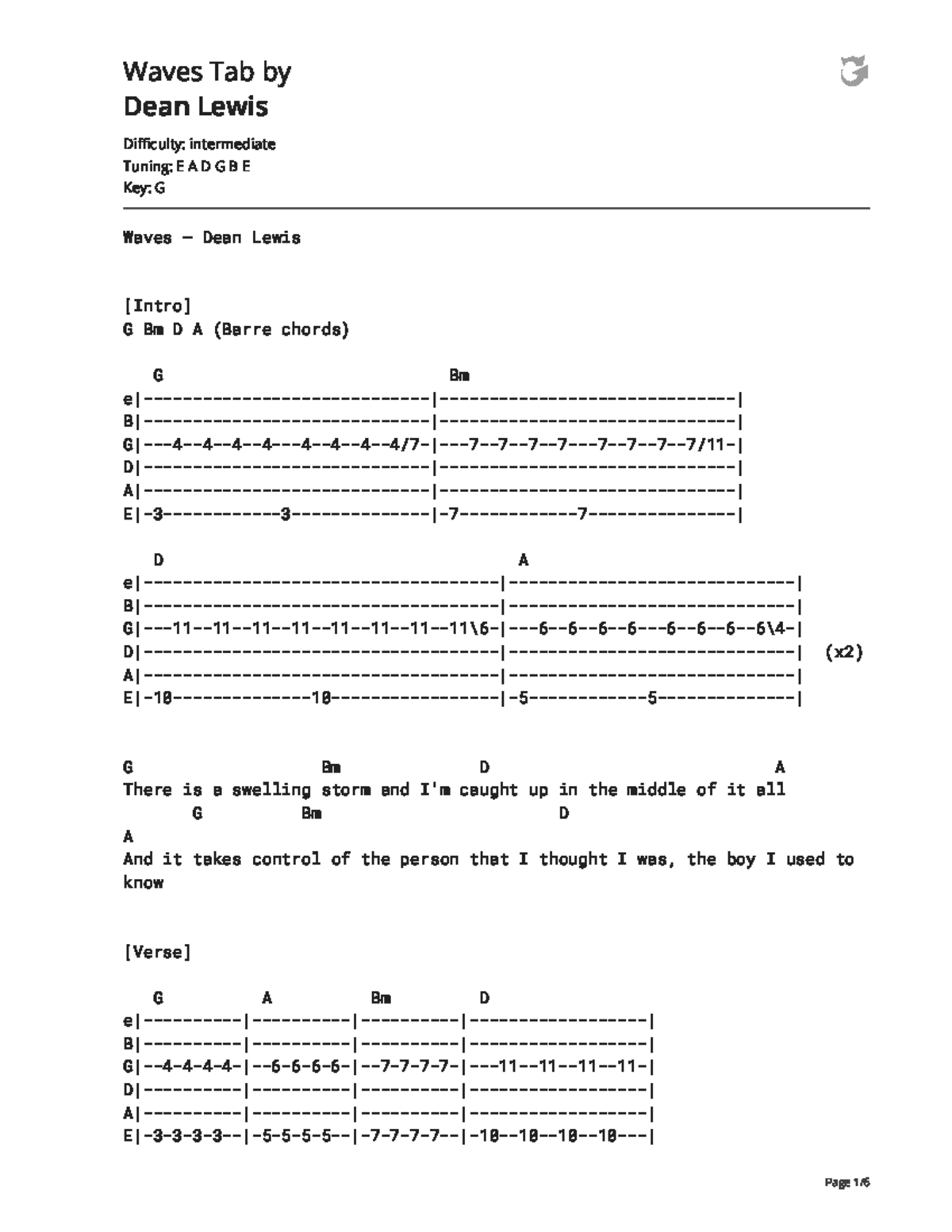Waves Tab by Dean Lewistabs @ Ultimate Guitar Archive - Diculty ...