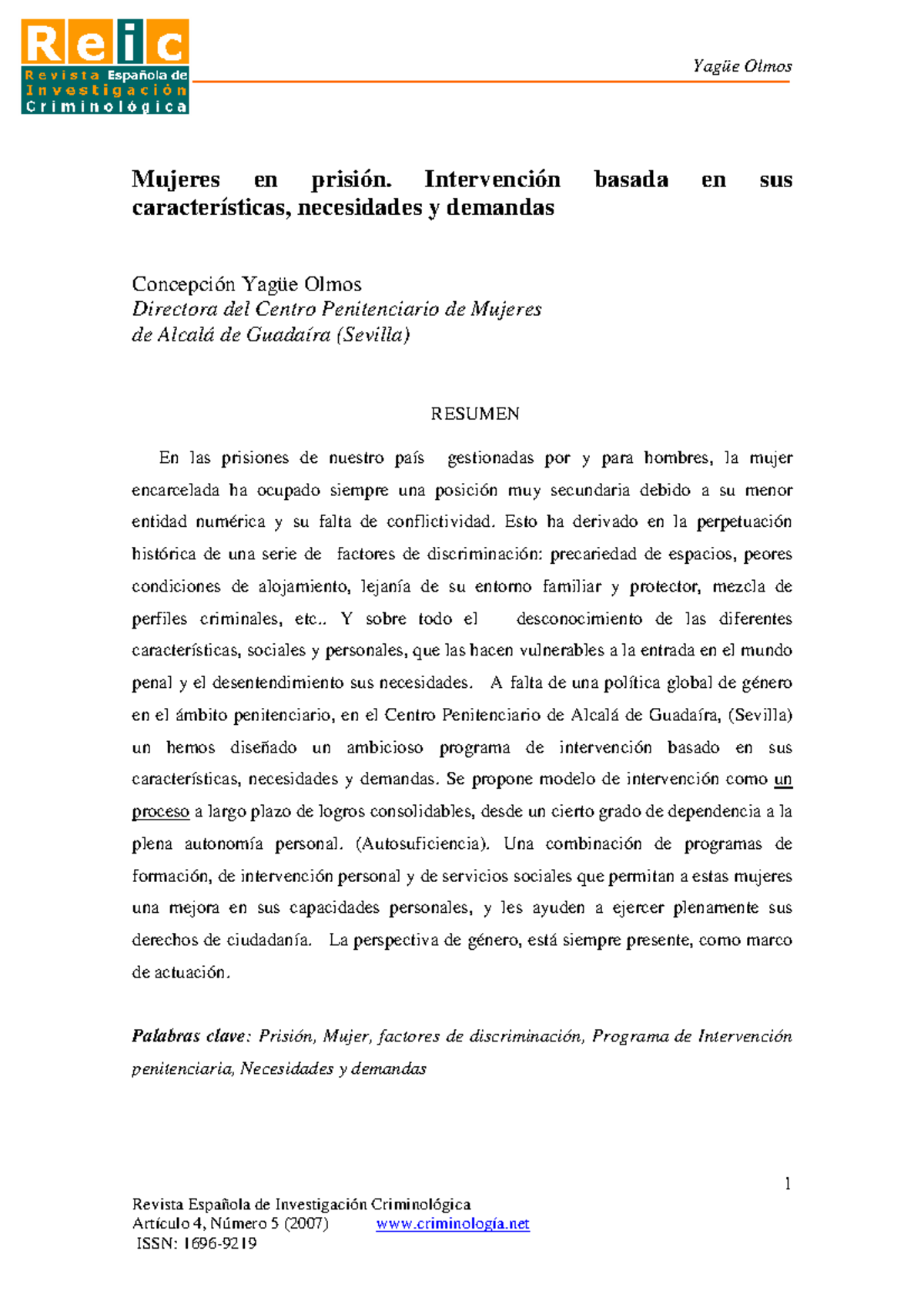 Intervención Penitenciaria para Mujeres: Características y Necesidades ...