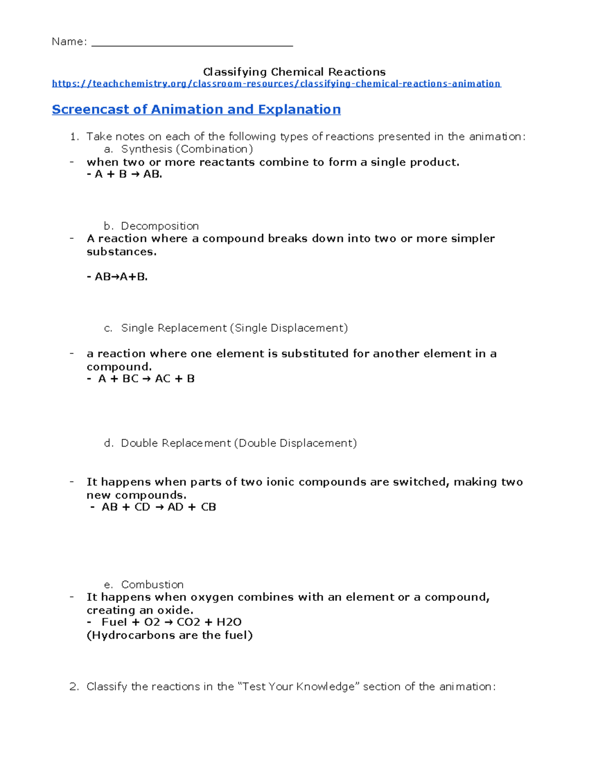 Classifying Chemical Reactions: Animation Notes for Chem 101 - Studocu
