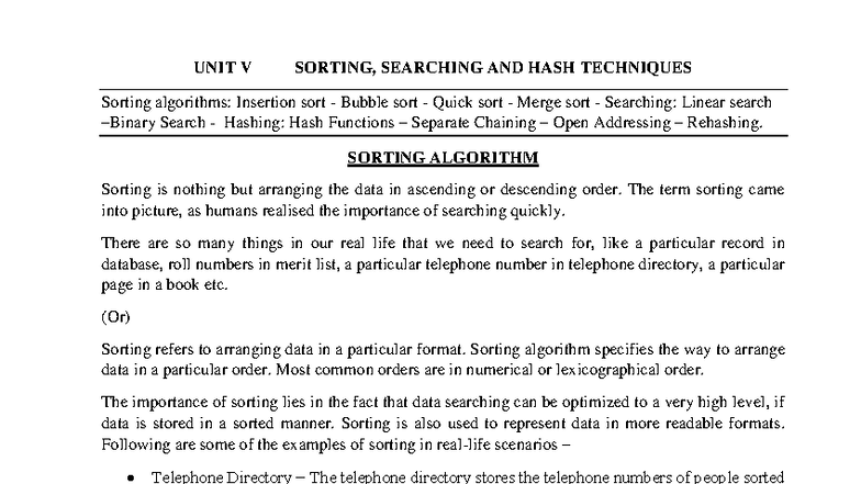 UNIT V Sorting - UNIT V SORTING, SEARCHING AND HASH TECHNIQUES Sorting algorithms: Insertion ...