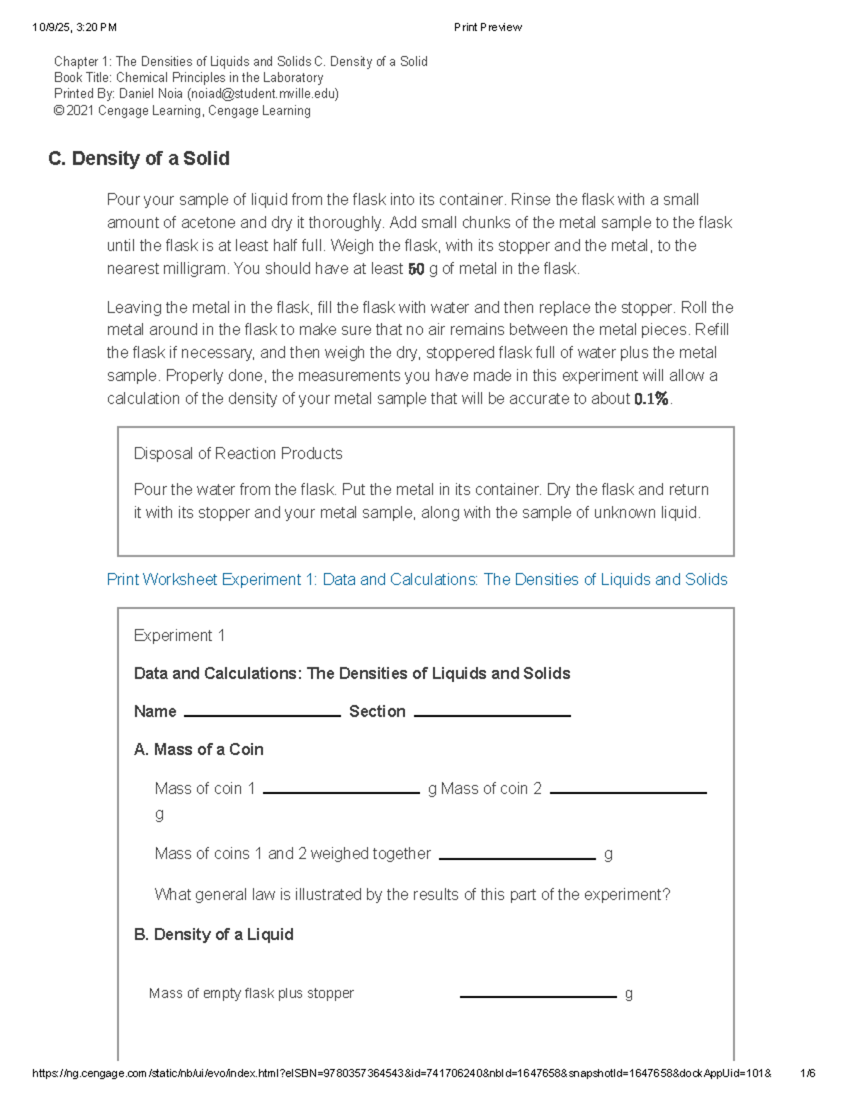Experiment 1: Densities of Liquids and Solids - Data & Calculations ...