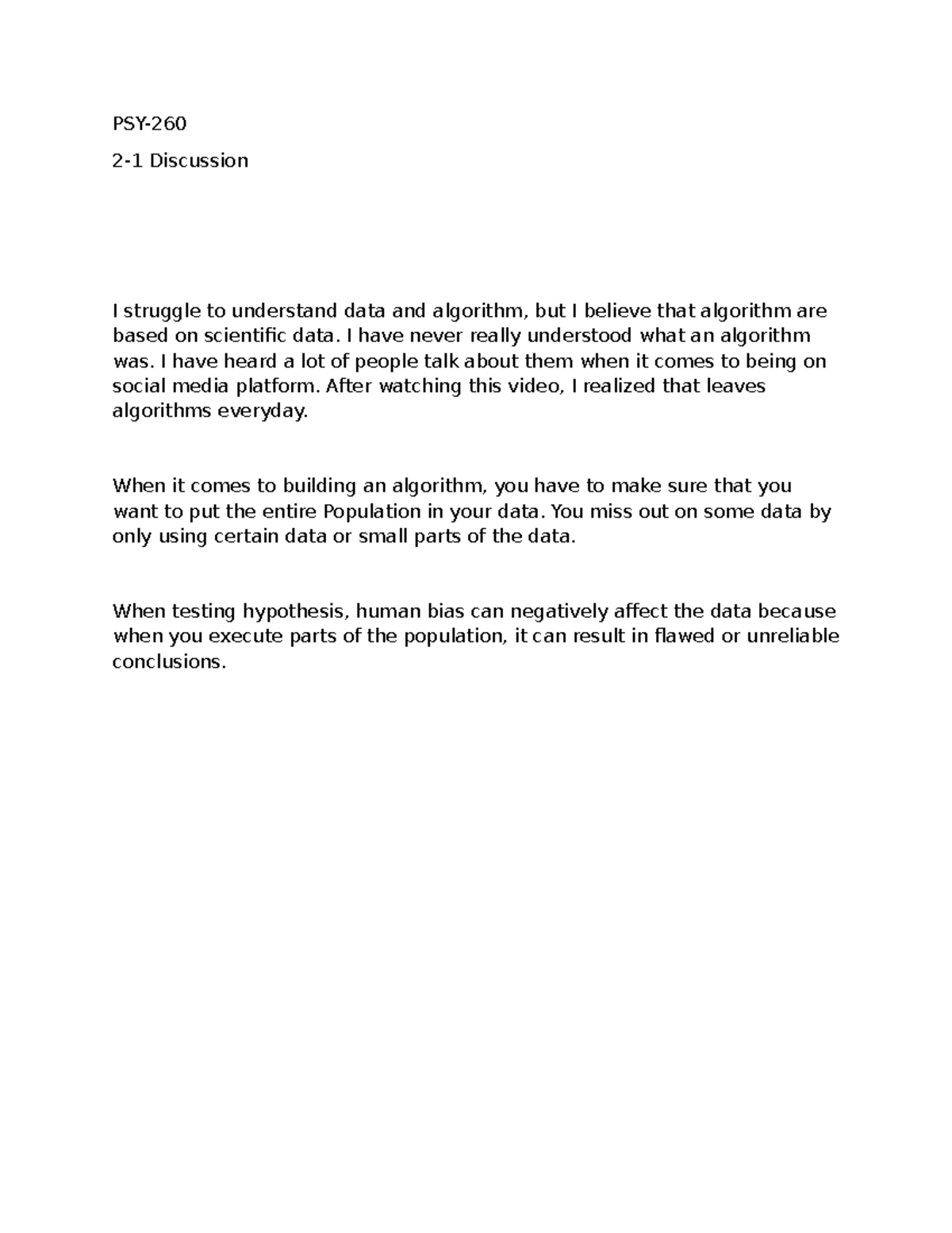 PSY - Discussion Post: Understanding Algorithms and Data Bias - Studocu
