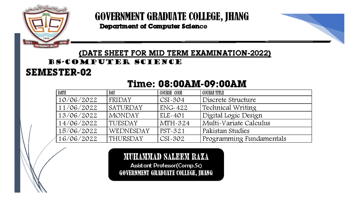 DATE Sheet 02 - BSCS - GOVERNMENT GRADUATE COLLEGE, JHANG Department of Computer Science (DATE ...