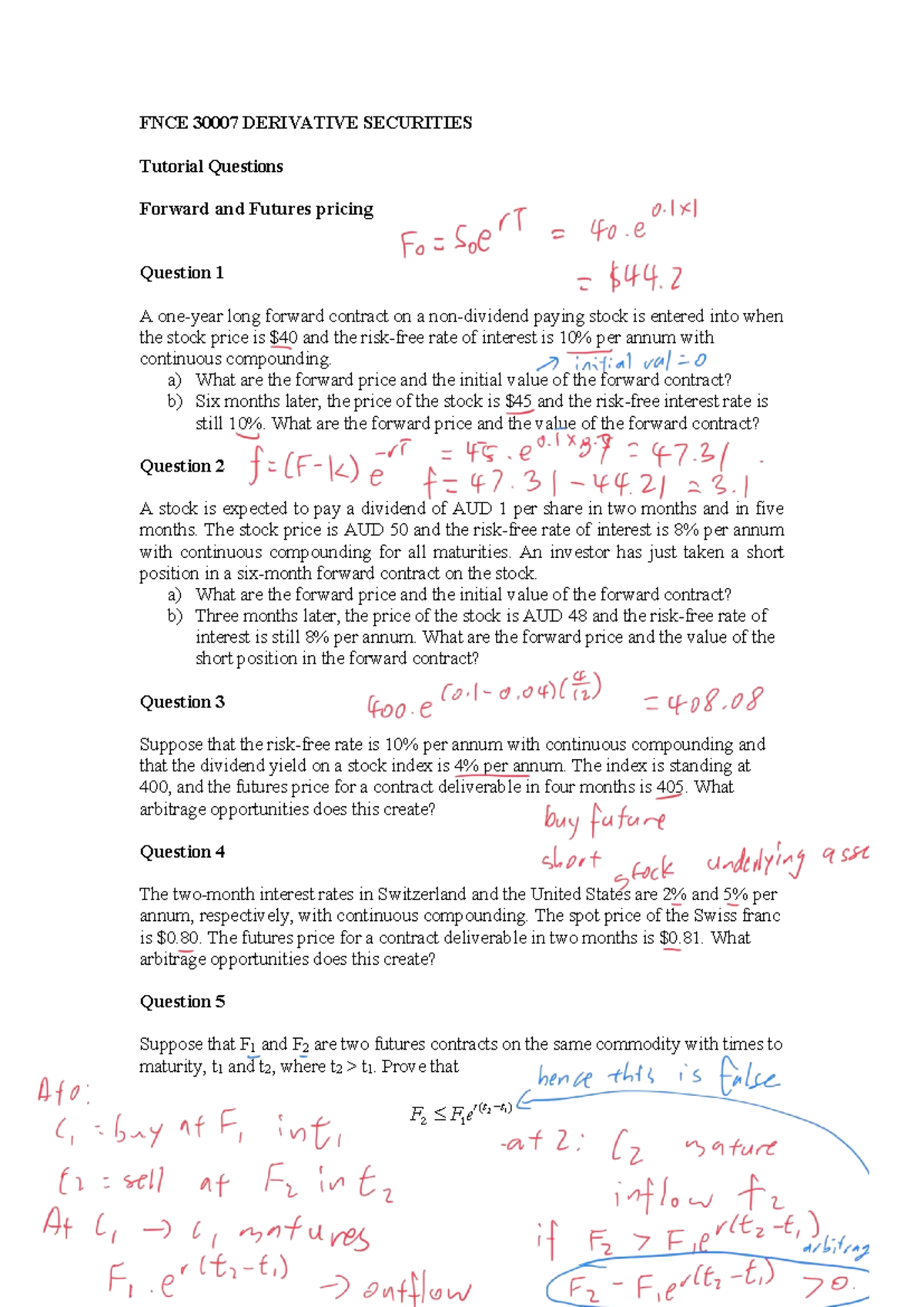 FNCE 301: Derivative Securities Tutorial 3 Questions & Solutions - Studocu