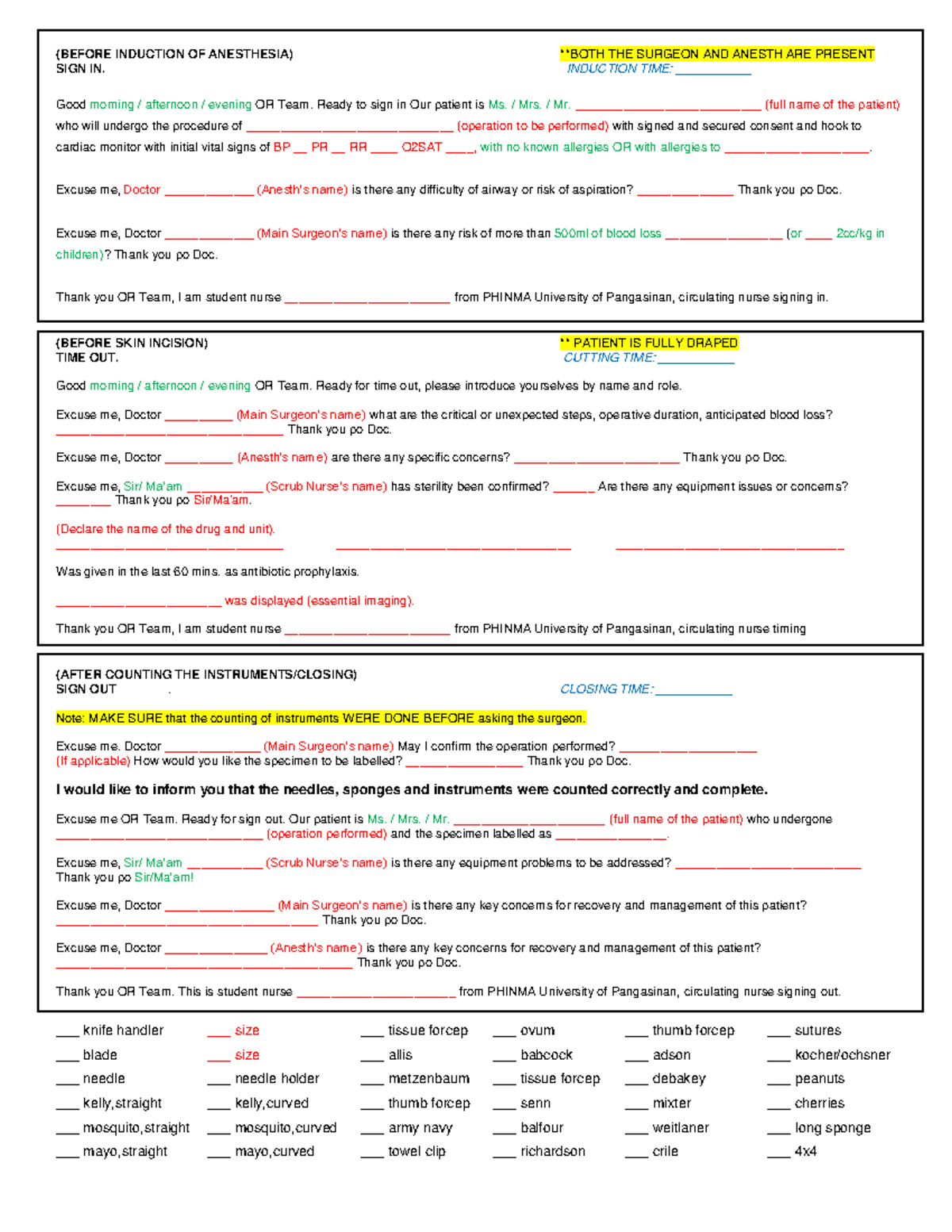 Surgical Safety Checklist for Anesthesia Induction (PHINMA) - Studocu