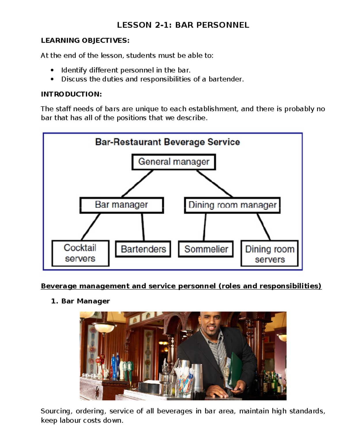 Lesson 2-1: Understanding Bar Personnel Roles and Responsibilities ...