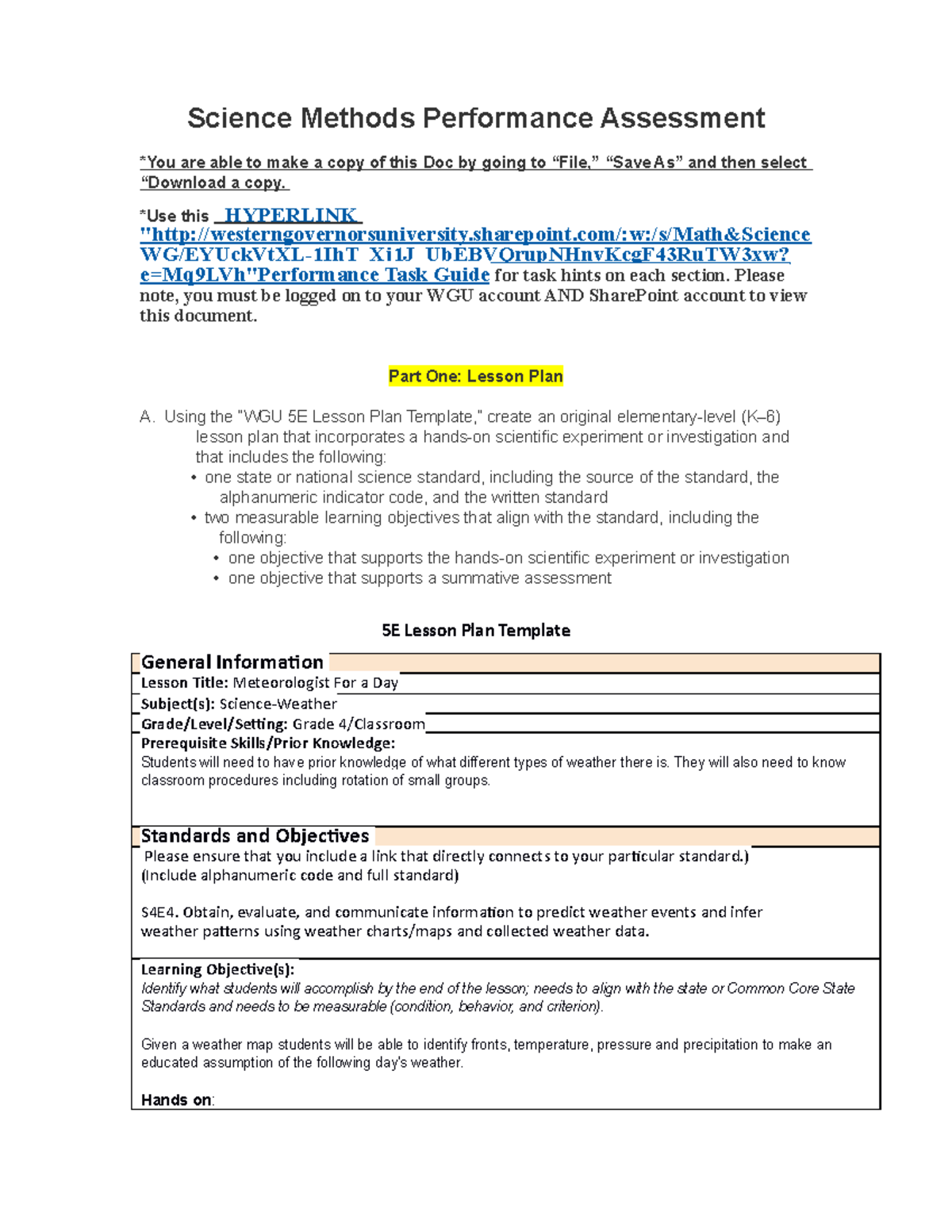 5E Lesson Plan Template for Elementary Science: Weather Exploration ...