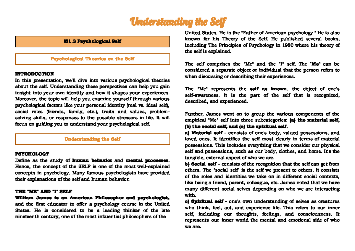 UTS-M1.3 Understanding Psychological Theories of the Self - Studocu