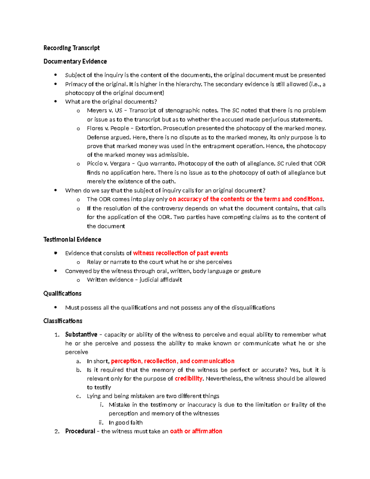Recording Transcript: Documentary Evidence and Testimonial Insights ...
