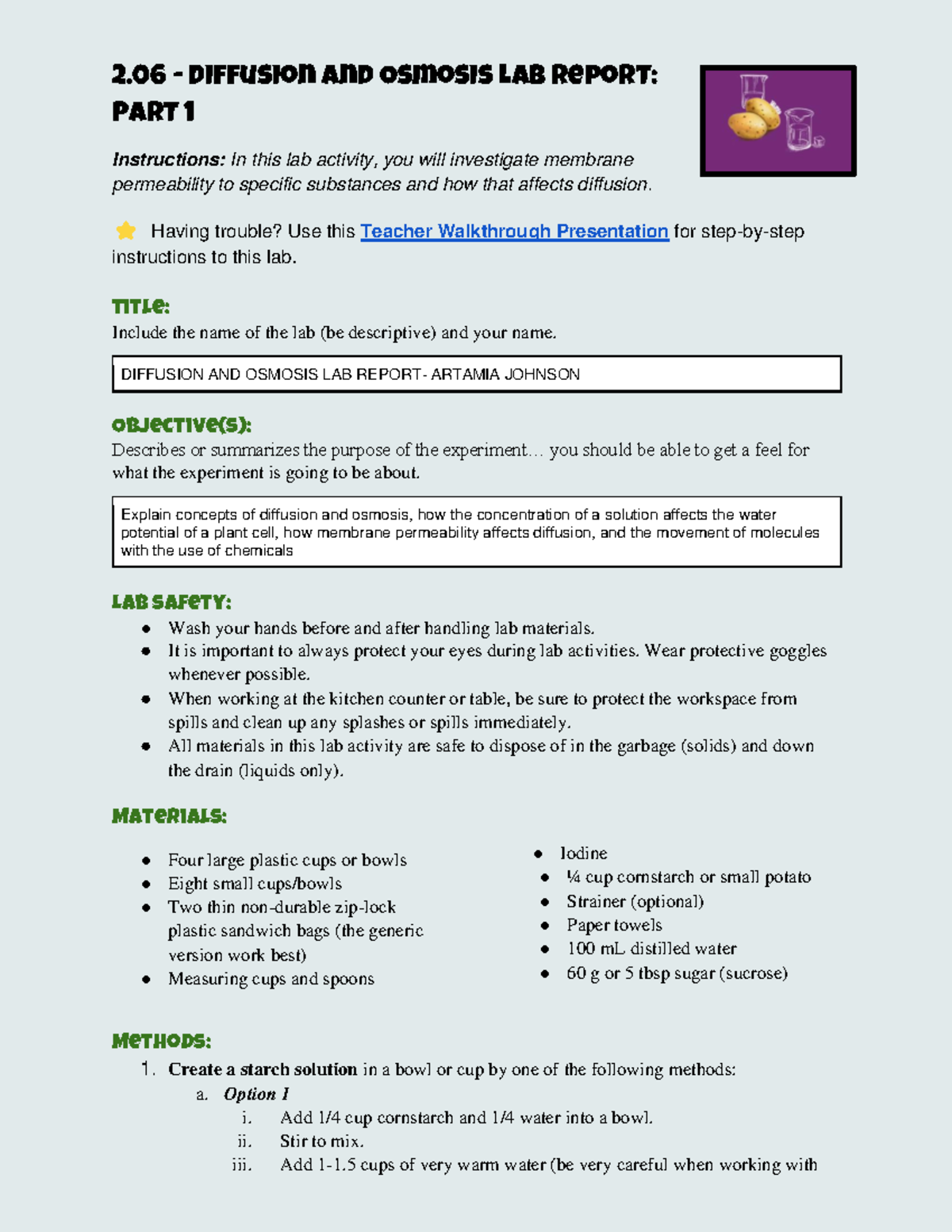 2.06 Diffusion and Osmosis Lab Report - Artamia Johnson - Studocu