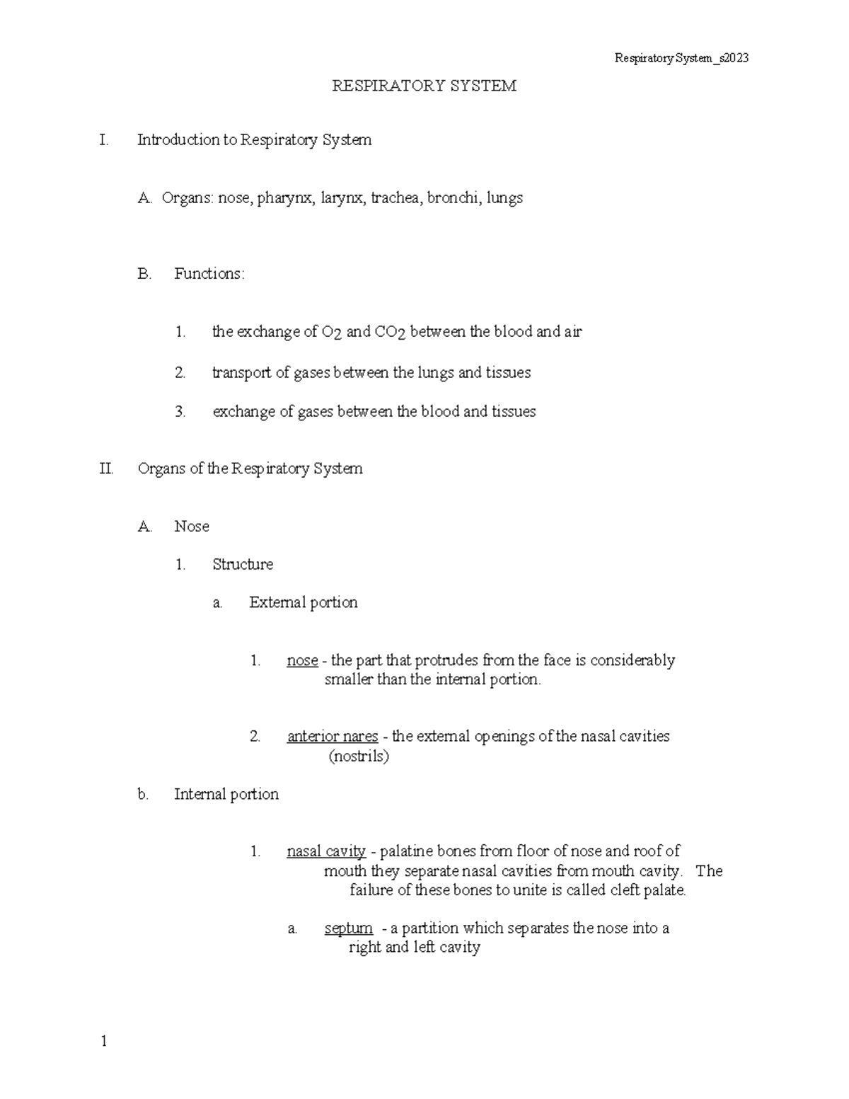 Respiratory System Overview and Mechanisms - Course S2023 - Respiratory System_s RESPIRATORY ...