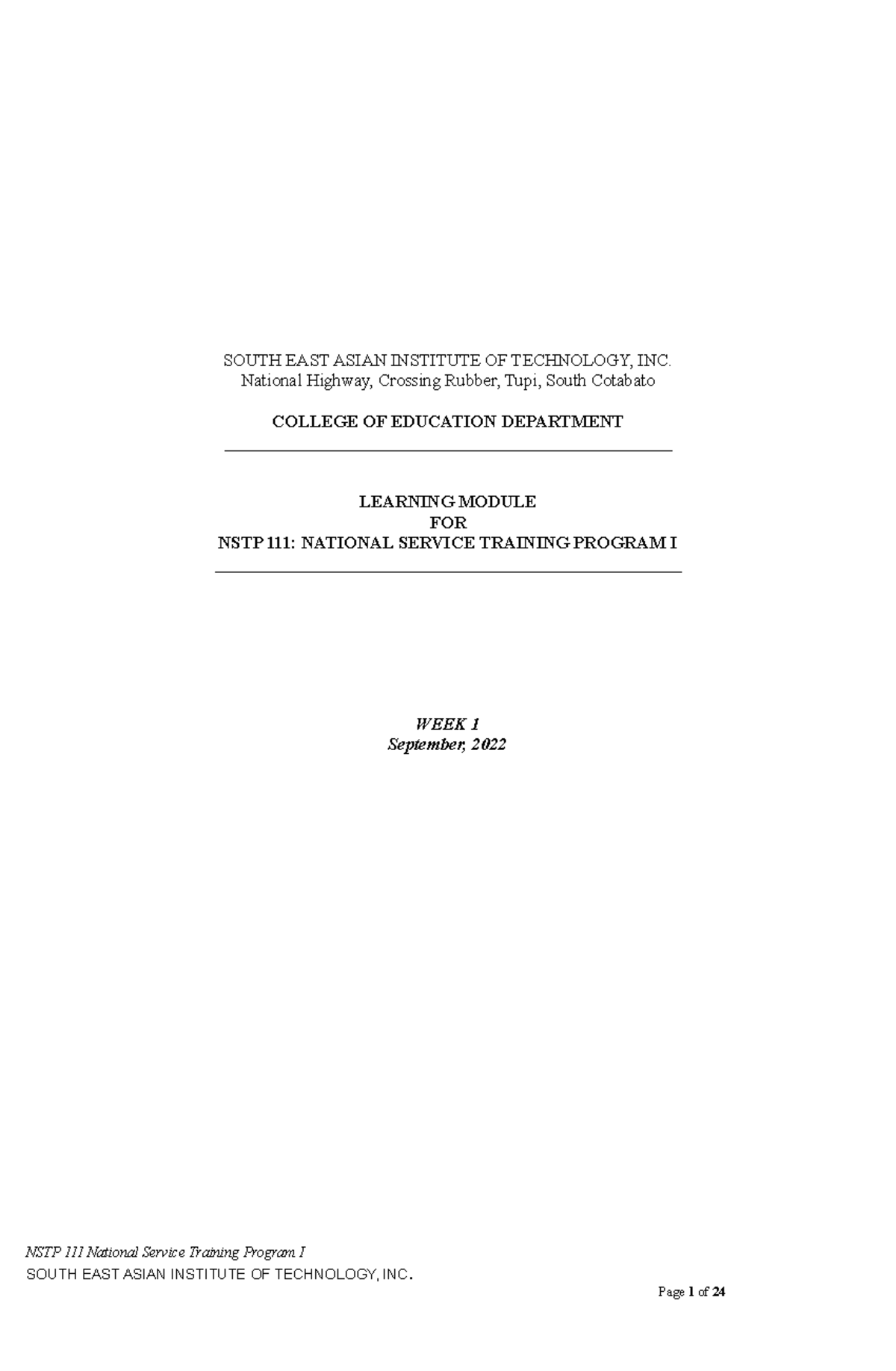 NSTP 111: Module for National Service Training Program I - Prelim Notes ...