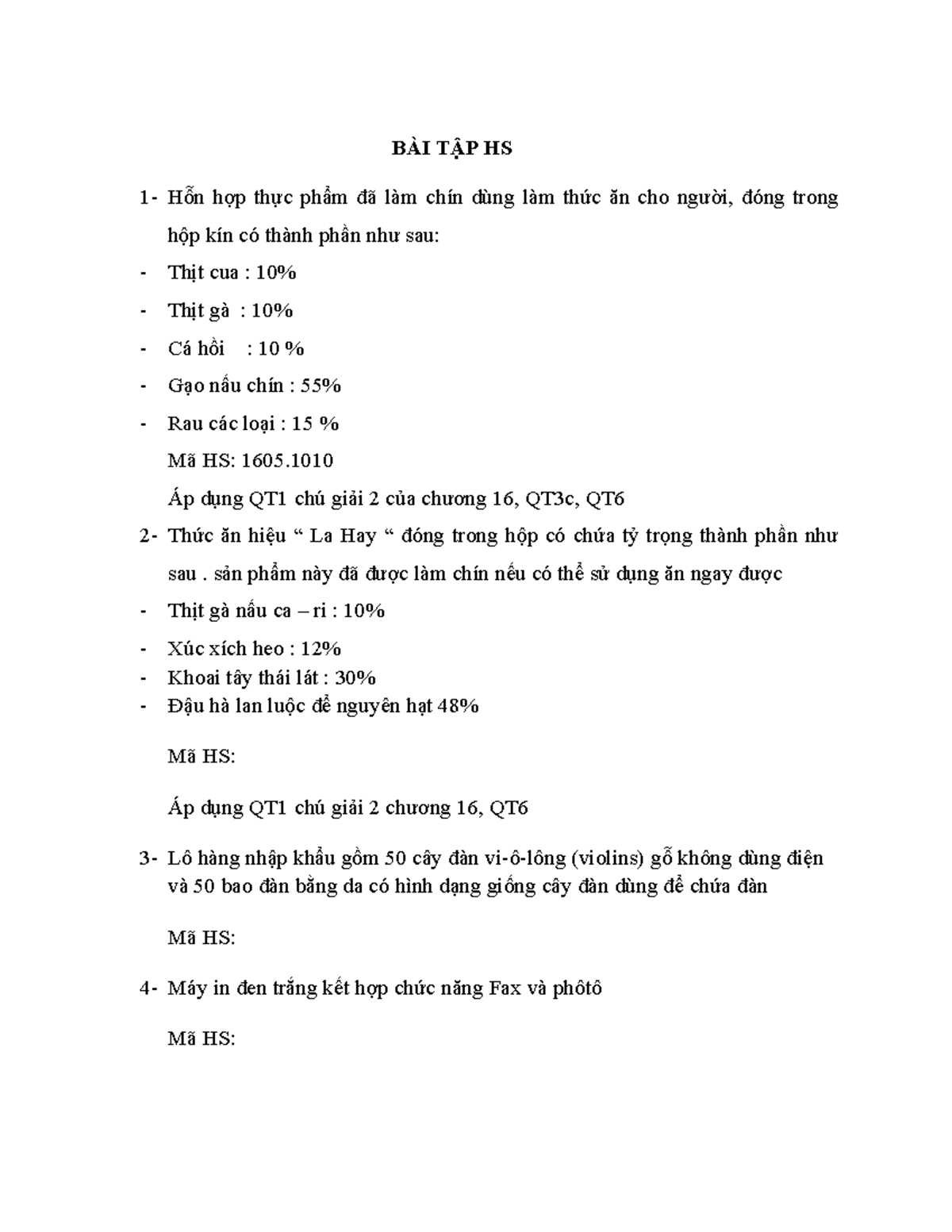 BÀI TẬP HS -2 - XX-PLHH: Phân Tích Thành Phần Thực Phẩm - Studocu