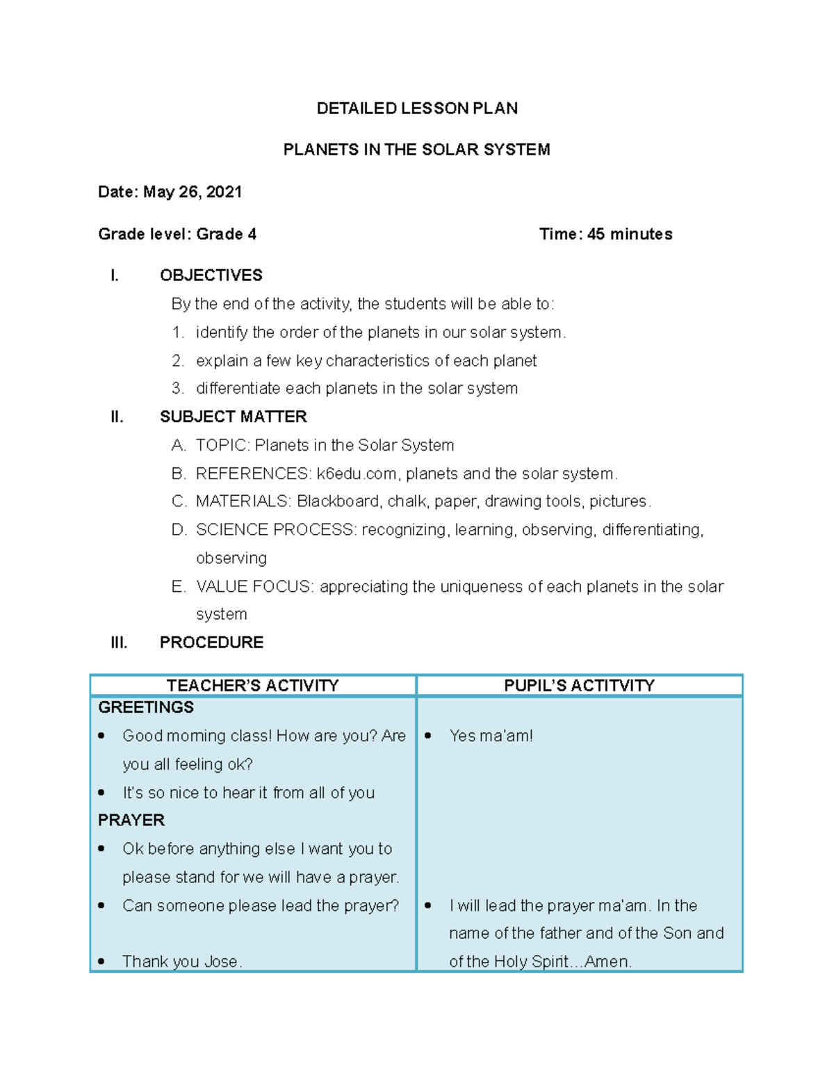 Grade 4 Science: Detailed Lesson Plan on Solar System Planets - Studocu