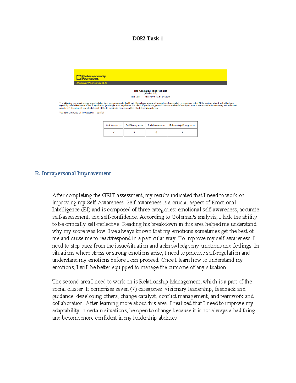 D082 Assessesment PT 1 - PASSED - D082 Task 1 B. Intrapersonal ...